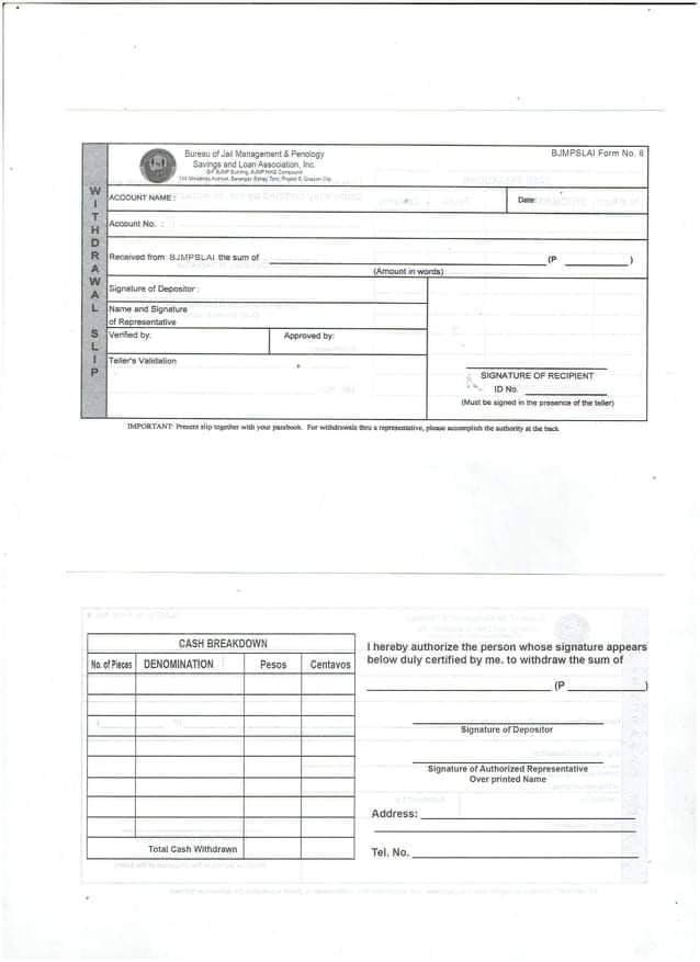 Withdrawal Slip Form